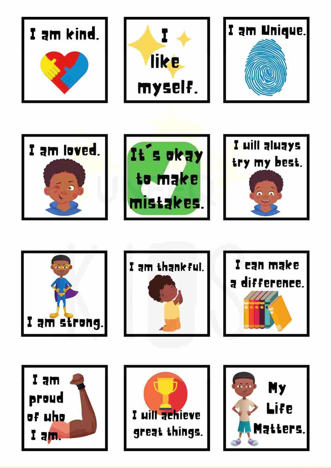 Black Boy Affirmation Cards, Set of 12 Affirmations, Affirmation Cards ...