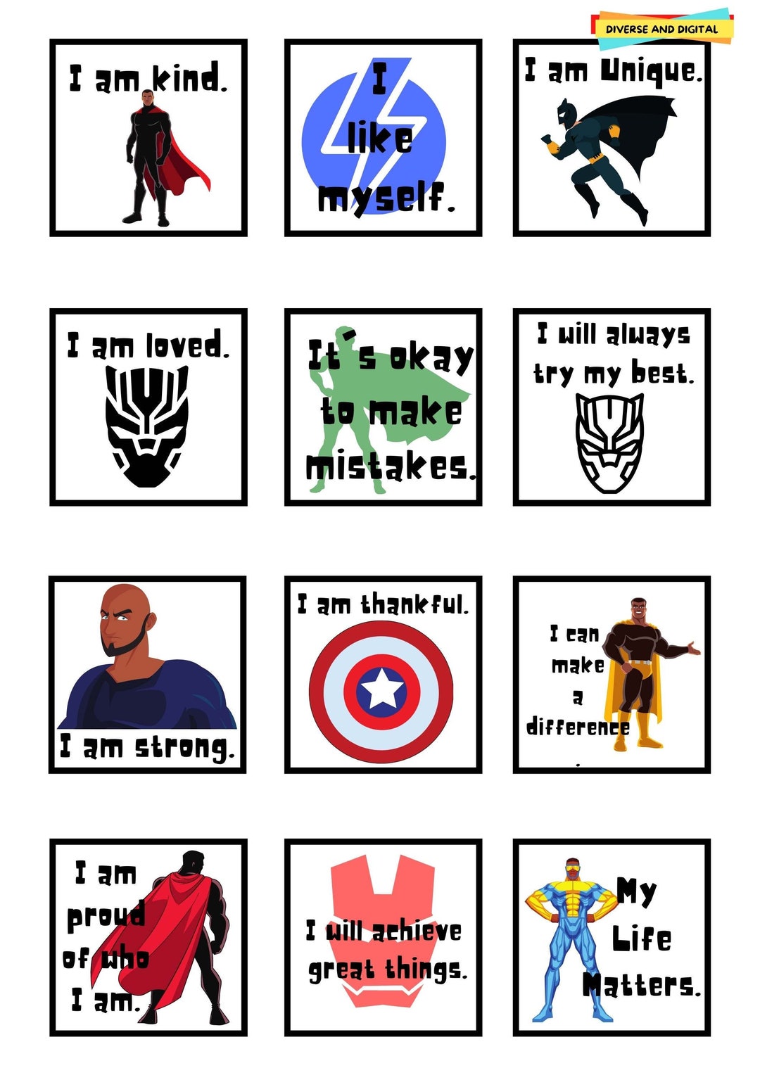 Superhero Black Boy Affirmation Cards, Set of 12 Affirmations ...
