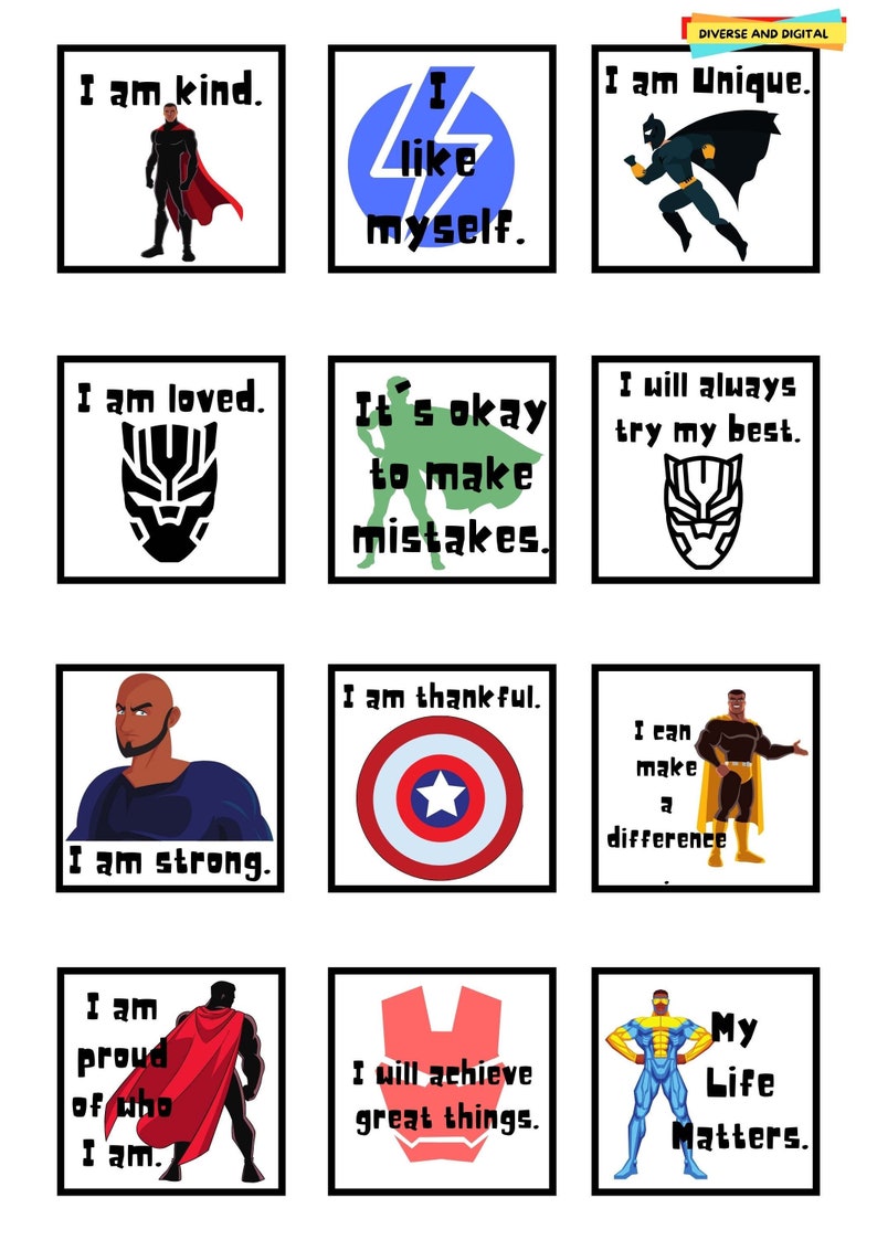 Superhero Black Boy Affirmation Cards, Set of 12 Affirmations ...