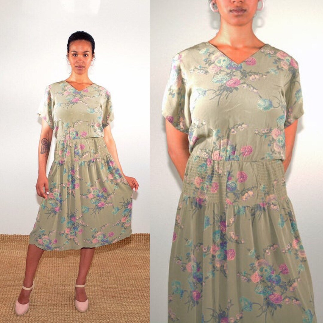 Vintage 90s floral drop waist vestido sage green rose print midi ...