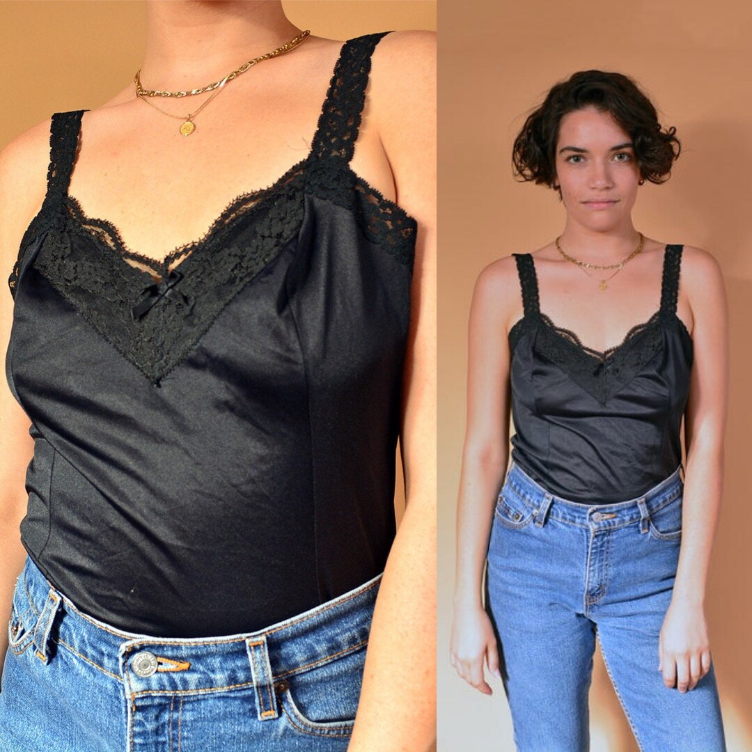 Vintage 70s Black Lace Slip Tank Top 1970s Sexy Casual Minimalist Wide ...
