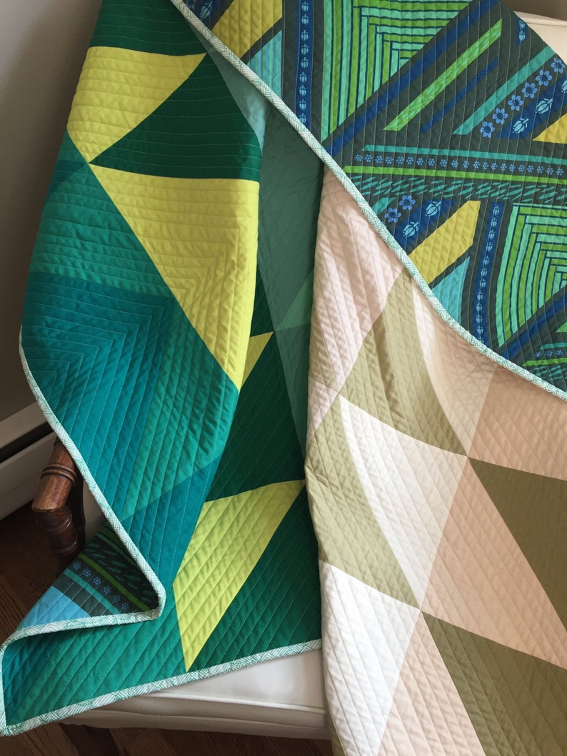 Emerald & Linen Throw Quilt 48 x 64 Modern | Etsy