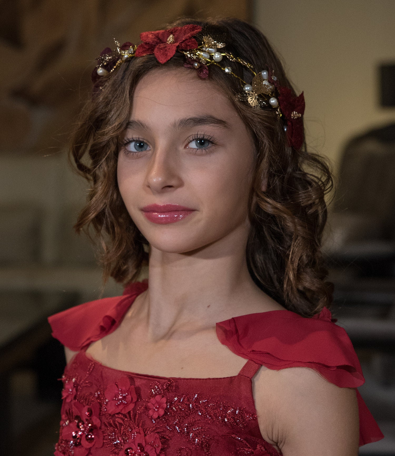 Red Flowers With Gold Butterflies Tiara Flowers Birthday | Etsy