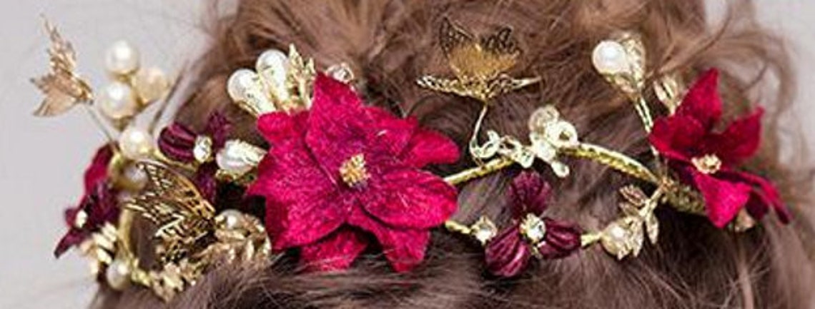 Red Flowers With Gold Butterflies Tiara Flowers Birthday | Etsy