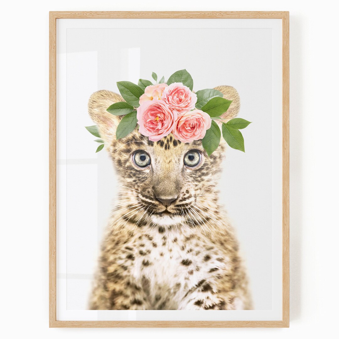Baby Leopard With Flowers Printable Art - Safari Animal Girl Nursery ...