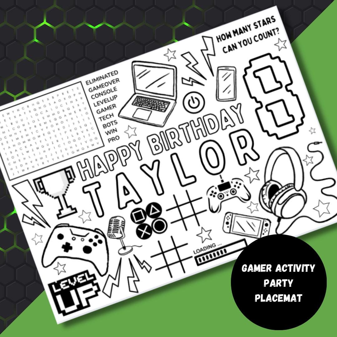 Personalised Gamer Birthday Colouring Placemat | Printable | Xbox ...