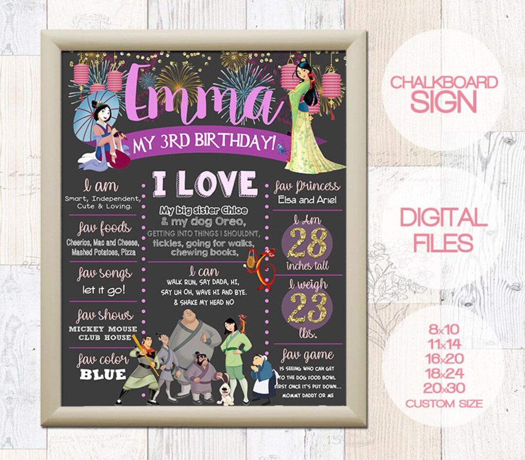 Mulan Birthday Chalkboard, Mulan Sign, Mulan Chalkboard Poster - Etsy