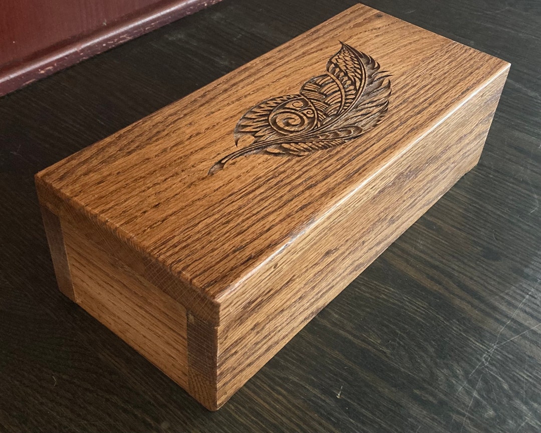 Custom Made Solid Oak Box With Feather Engraving. Perfect Keepsake Box ...