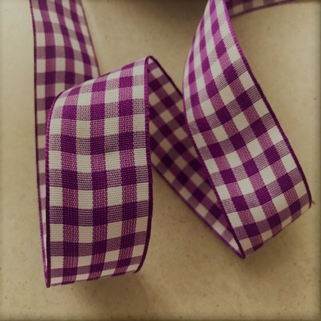 1'' Wide Purple and White Checkered Ribbon, Cotton Selling per Roll/ 25 ...
