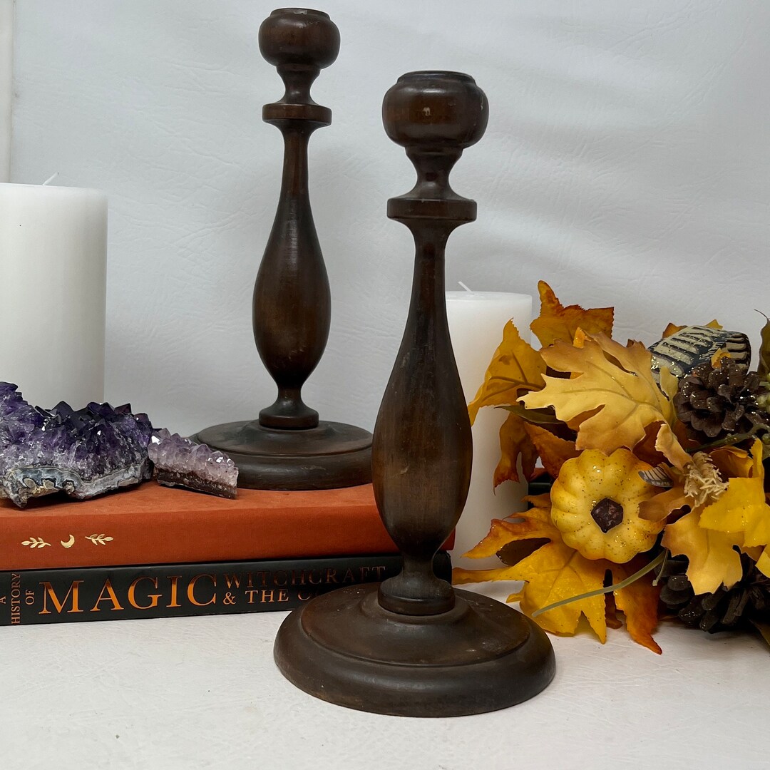 Vintage Brown Wooden Taper Candlesticks Set of 2, Pair of 2 Wood ...
