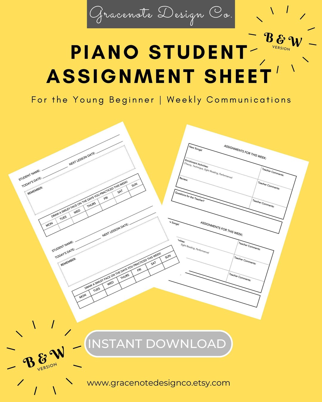 Piano Student Assignment Sheet (B&W Version) - for the Young Beginner ...