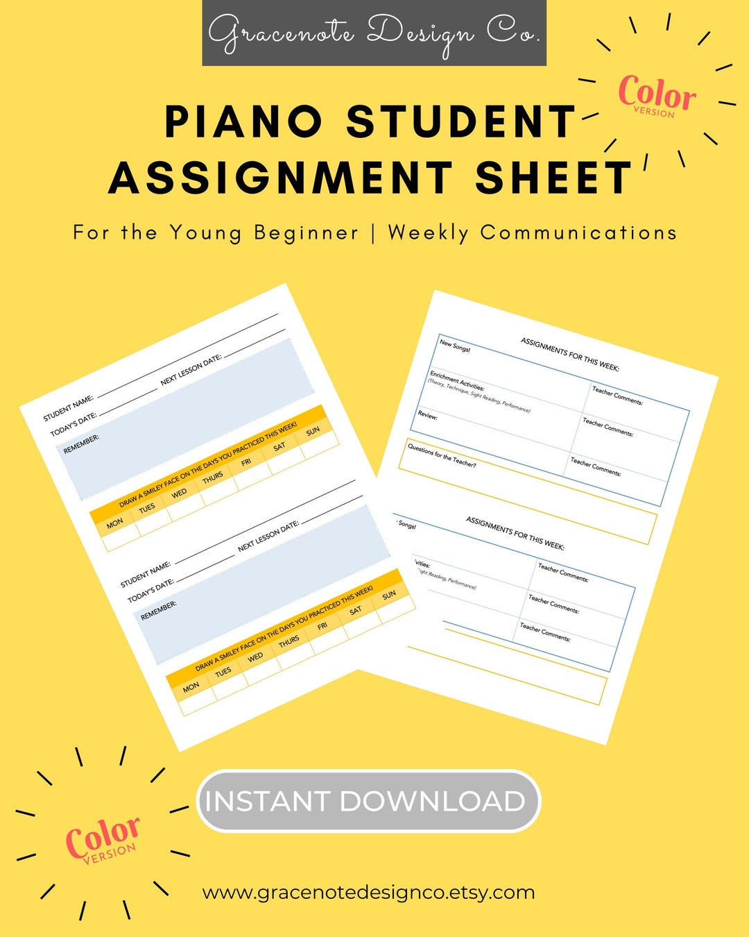 Piano Student Assignment Sheet: Beginner Music Lessons (digital ...