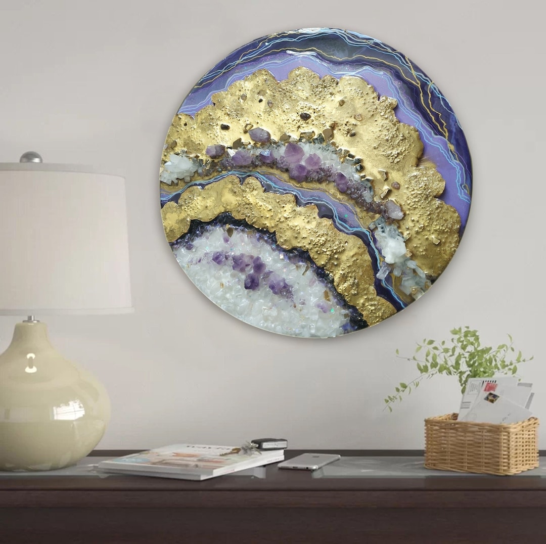 Geode Painting With Amethyst Crystals, Geode Art in Purple & Gold ...