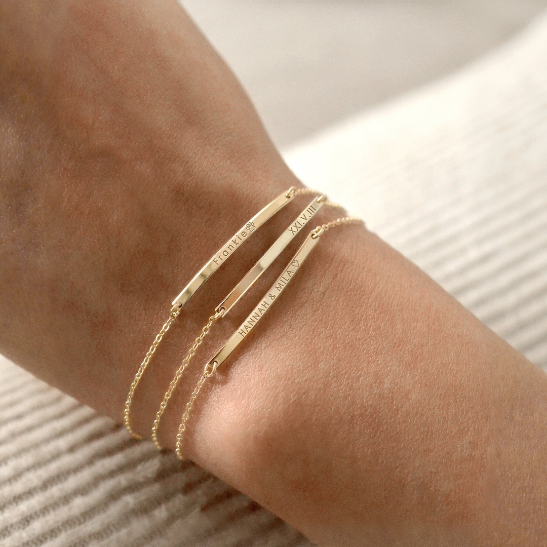 BELLA 14K Solid Gold Thin Dainty Bar Bracelet • Personalized Bar ...