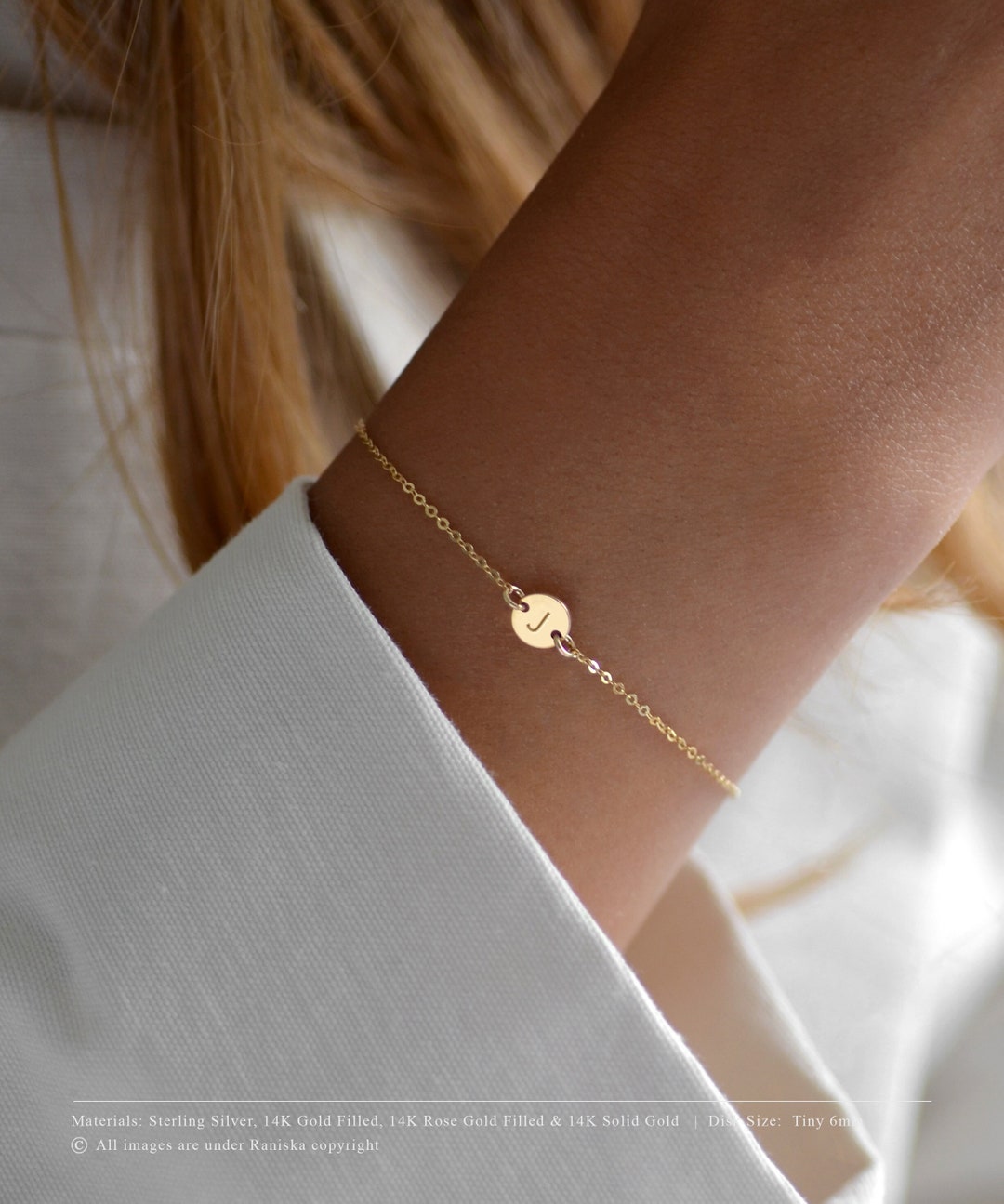 HALLE 14K Solid Gold Initial Bracelet • Dainty Initial Bracelet • Delicate Bracelet ...