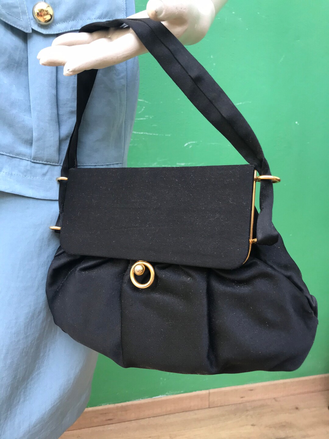 ANCIENT VINTAGE BAG 40s Vintage Satin Bag Black Fashion Handbag Antique ...