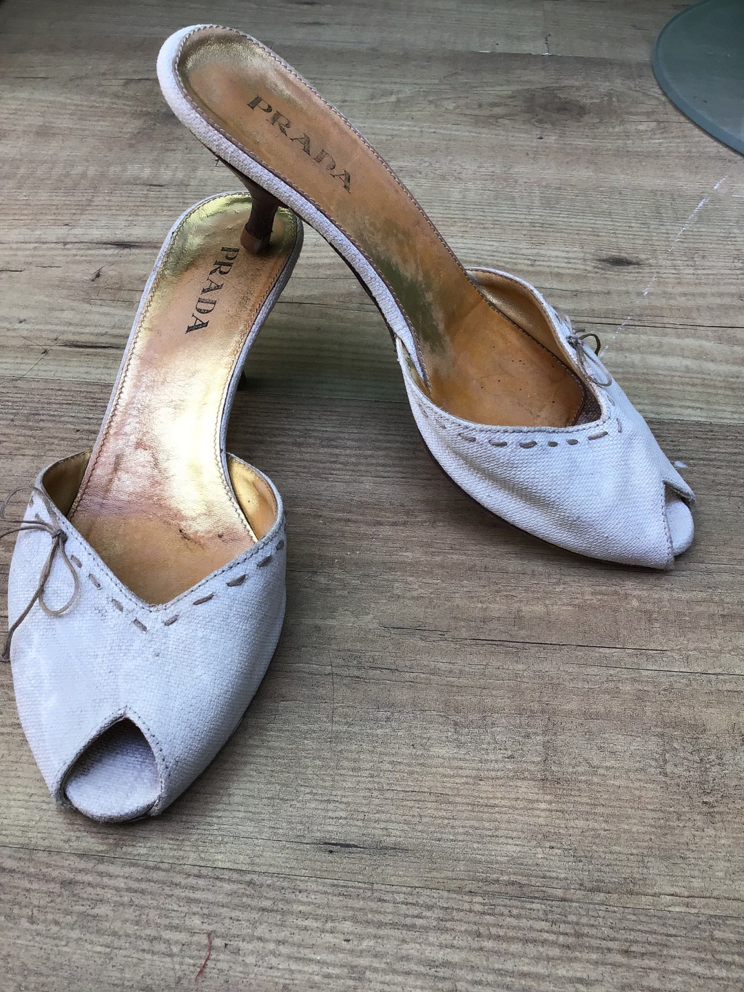 PRADA CANVAS SABOT | Natural Canvas Sabot | Vintage Low Heels Mules ...