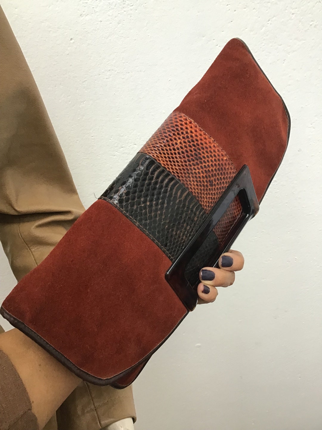 VINTAGE SUEDE Burgundy Pouch Leather Patchwork Pouch Wrist Bag vintage ...