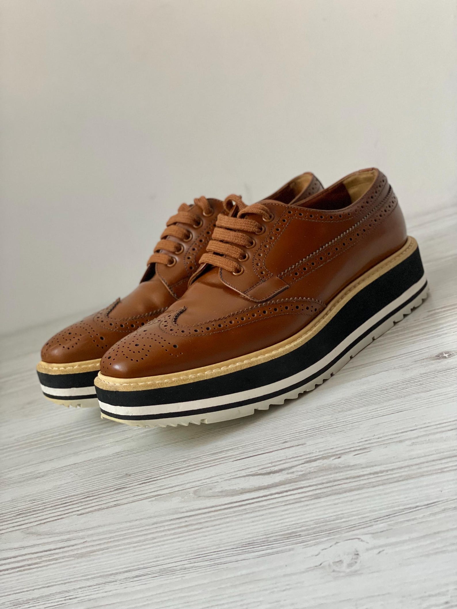 PRADA Brogue Genuine Leather Wingtip Platform Derby Sneakers Woman ...