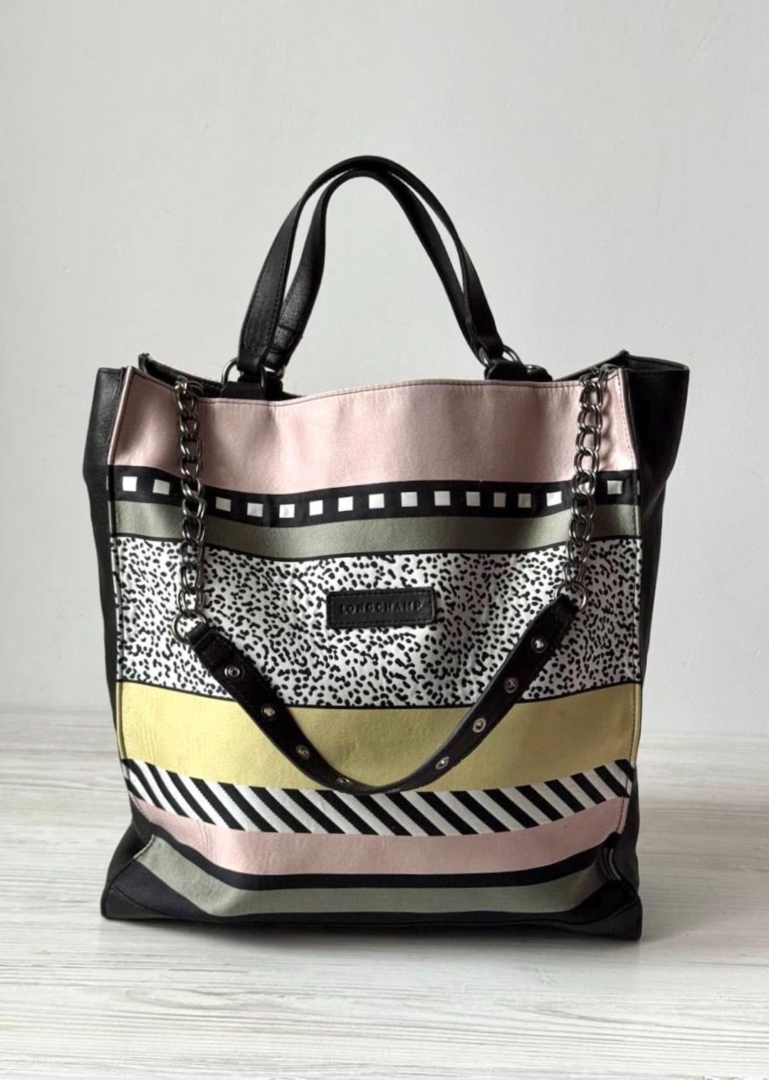 Longchamp Paris Tote Bag Shoulder Woman Vintage Textile Wit Genuine ...