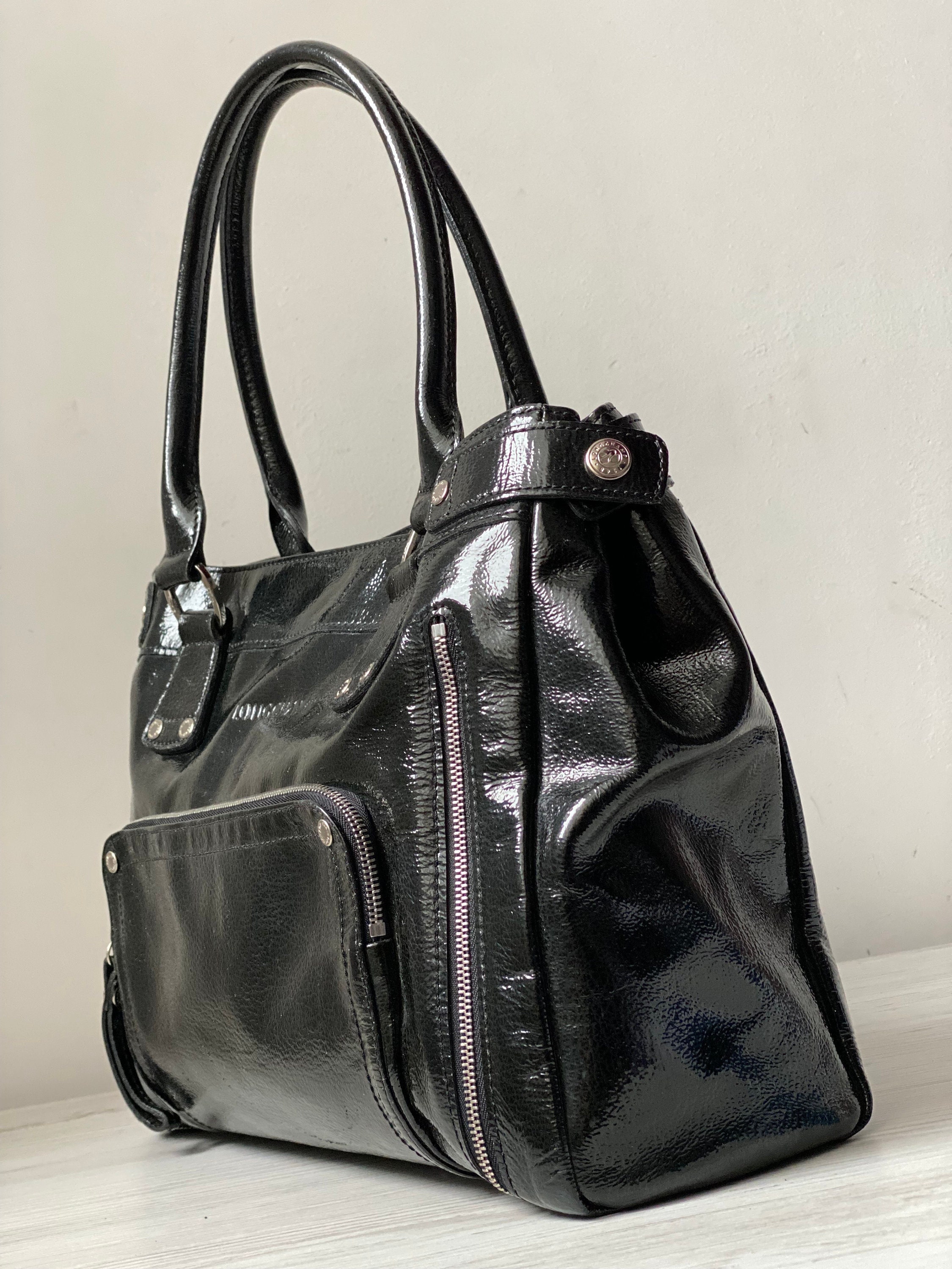 Longchamp Paris Patent Genuine Leather Bag Tote Luxury Handbag Black ...