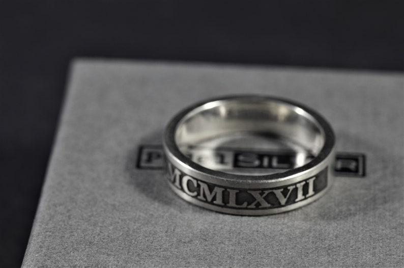 Personalized Roman Numeral Ring: Etched Sterling Silver Wedding Band ...