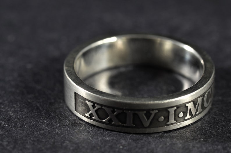 Personalized Roman Numeral Ring: Etched Sterling Silver Wedding Band ...