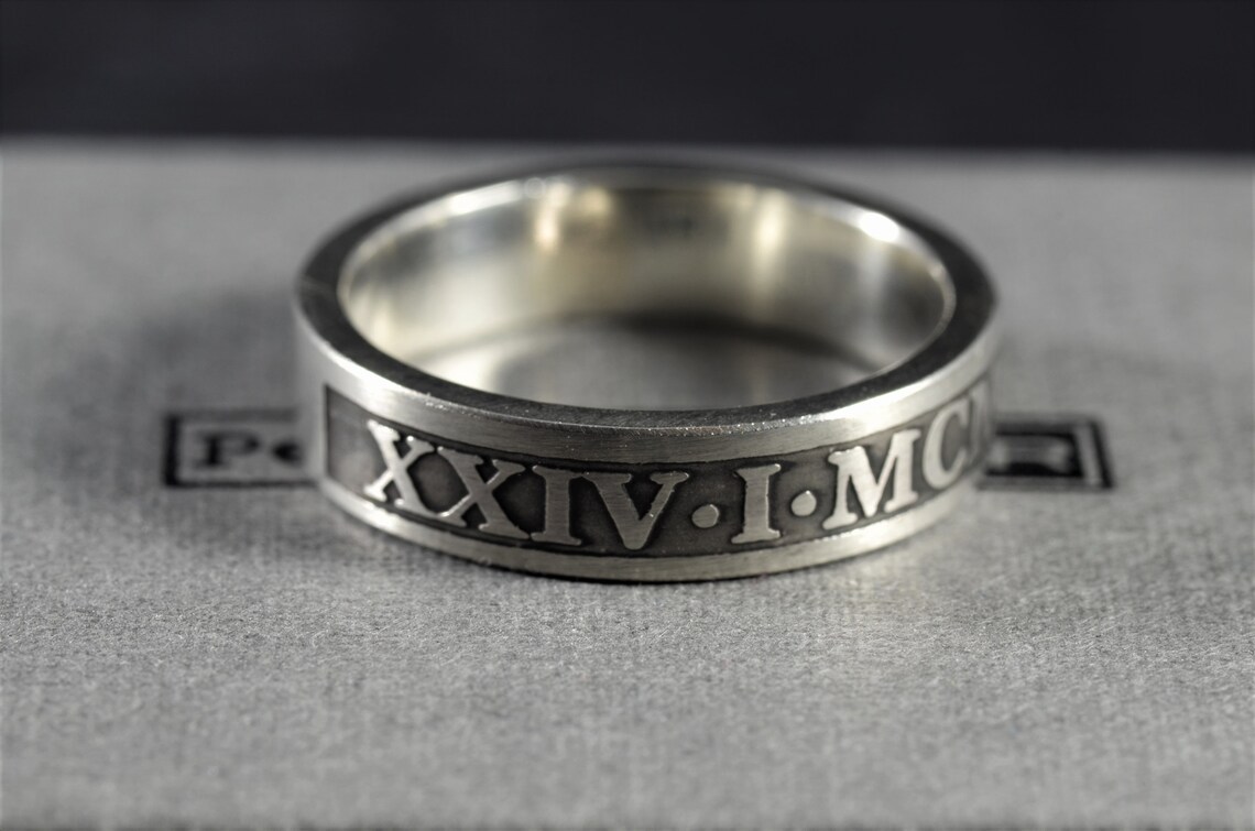 Personalized Roman Numeral Ring: Etched Sterling Silver Wedding Band ...