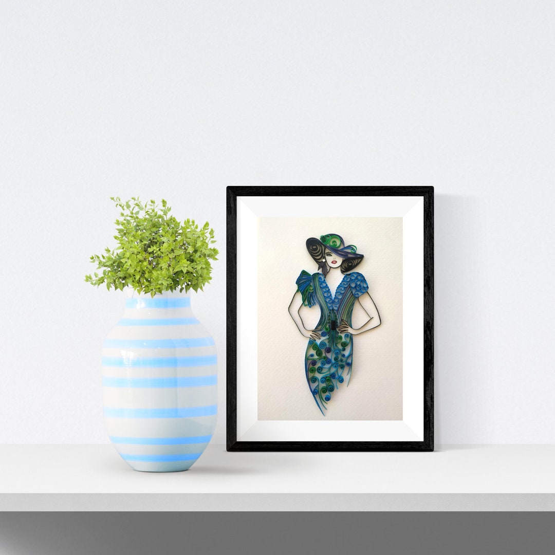 Quilling Art: Fashion Lady in Blue-green Dress, Elegant Floppy Hat - Etsy