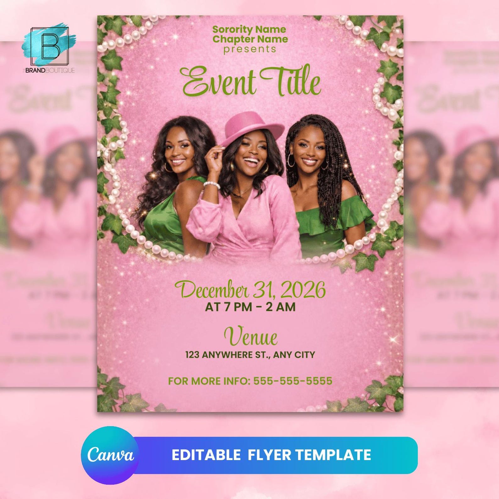 Pink and Green Event Flyer Template Editable in Canva | AKA Sorority ...