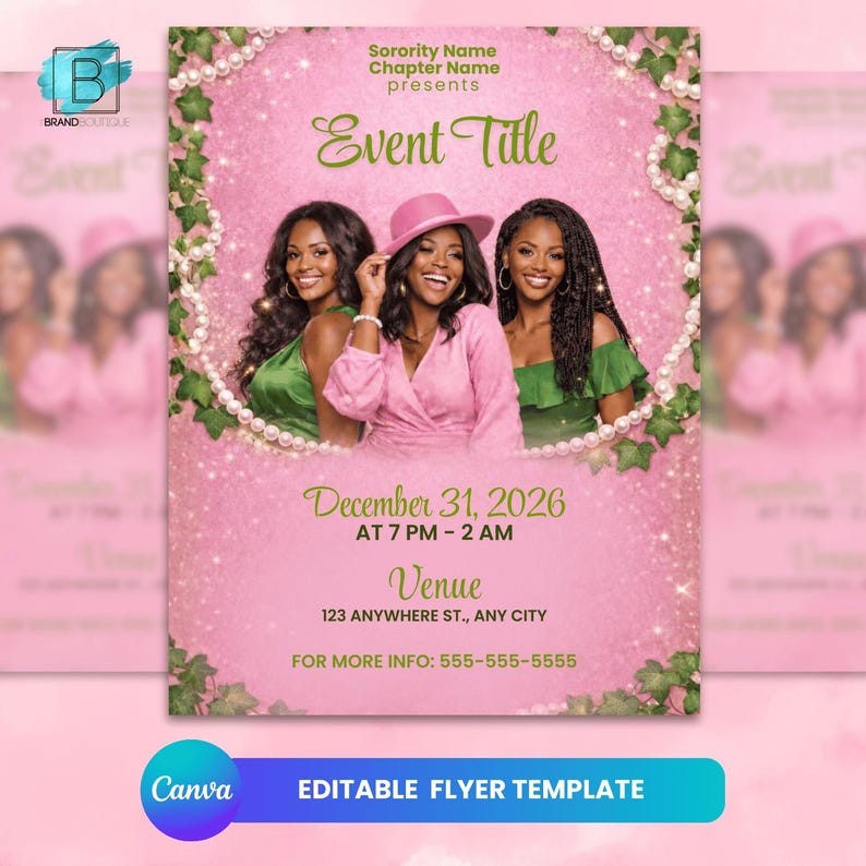 Pink and Green Event Flyer Template Editable in Canva | AKA Sorority ...