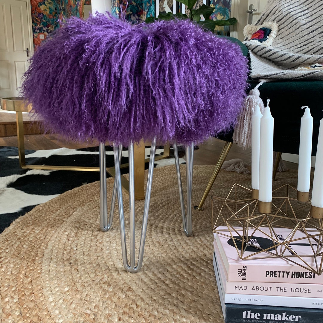 Handmade Mongolian Sheepskin Stool: Metallic Leg Accent - Etsy