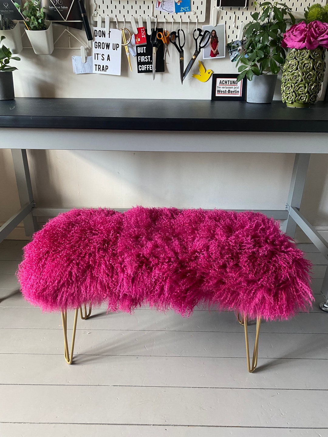 Bench - HANDMADE - Magenta Pink Mongolian Sheepskin Upholstery - Free P ...