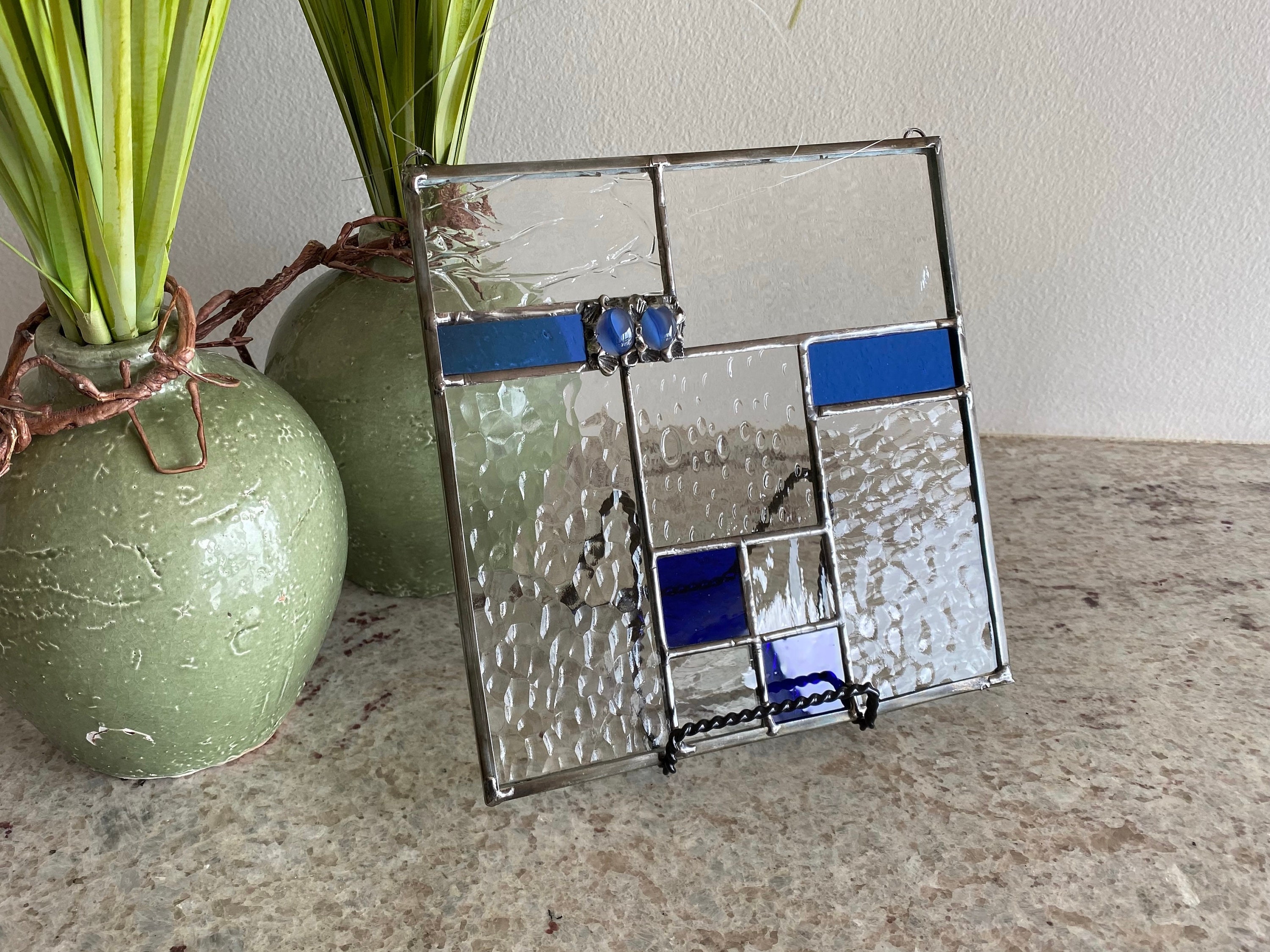 Blue Geometric Glass Panel, Square Stained Suncatcher With Blue and ...