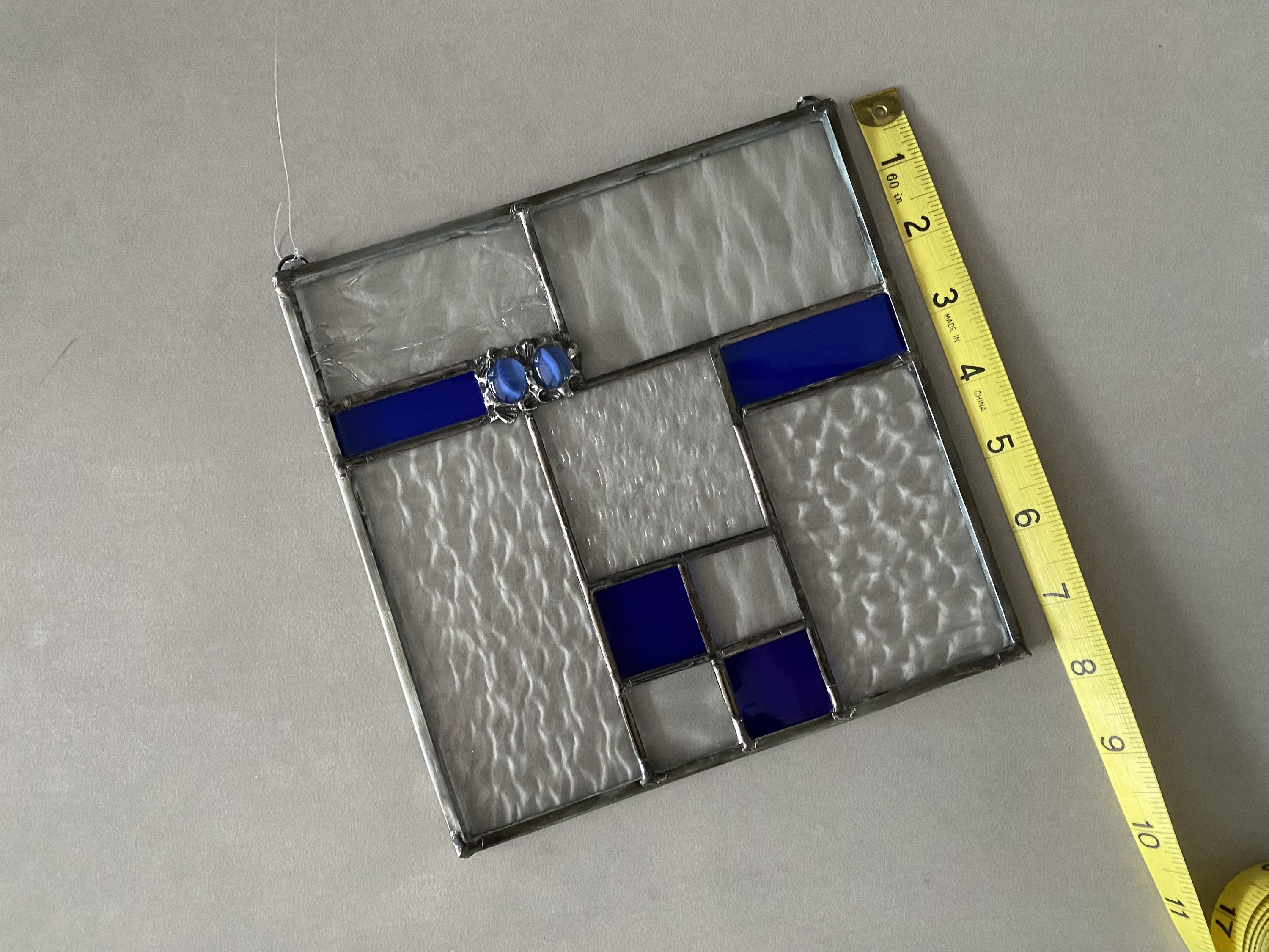 Blue Geometric Glass Panel, Square Stained Suncatcher With Blue and ...