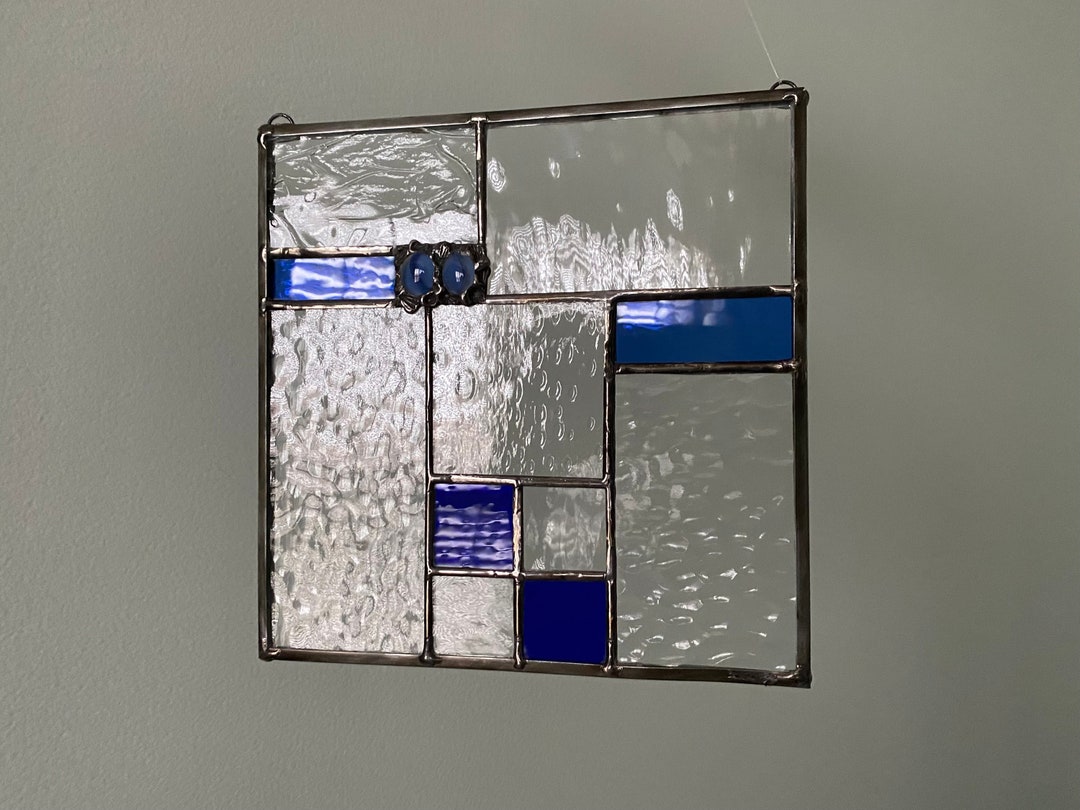 Blue Geometric Glass Panel, Square Stained Suncatcher With Blue and ...