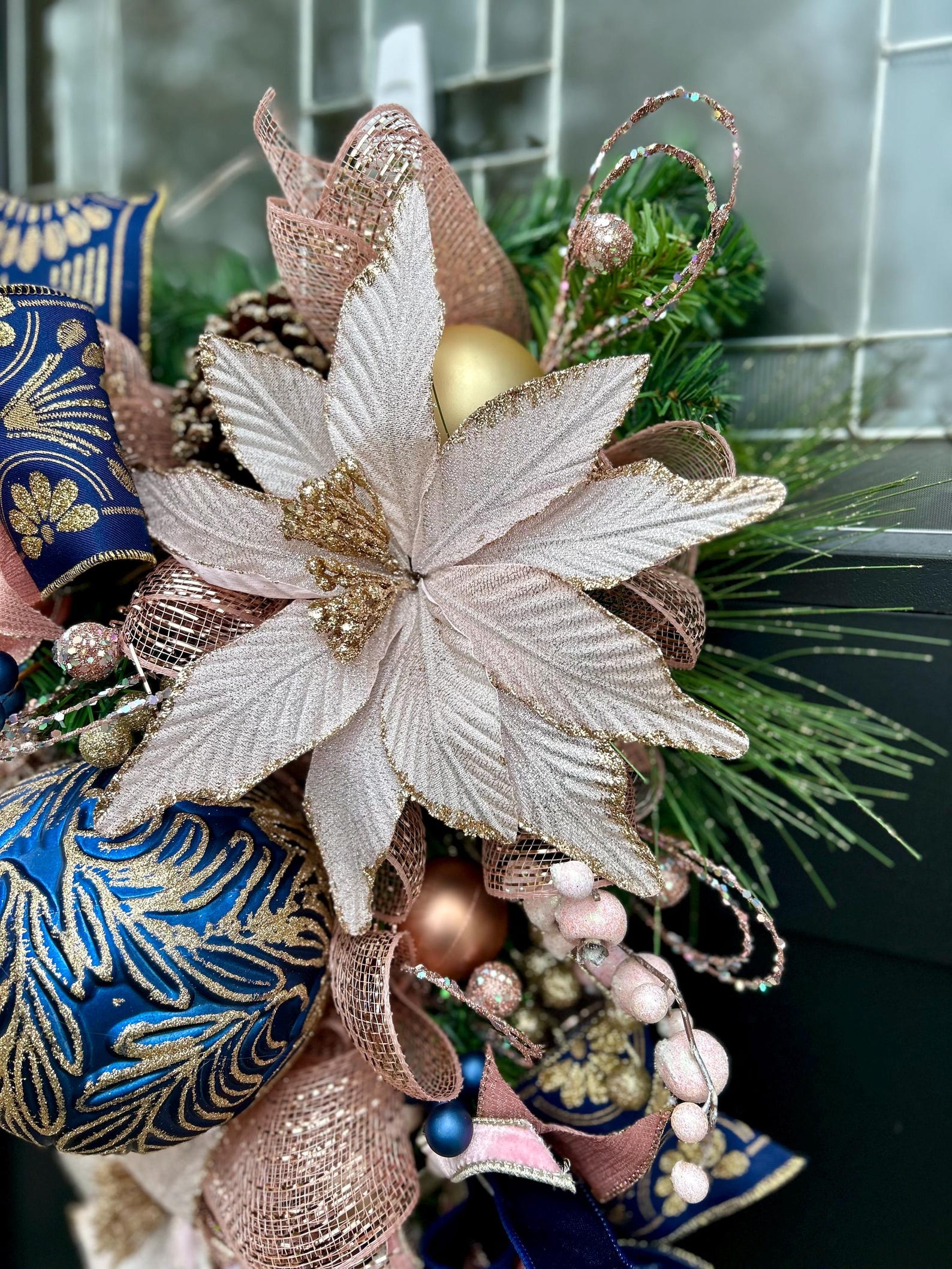 Pink, Navy, and Gold Glittering Christmas Swag, Christmas Swag, Merry ...