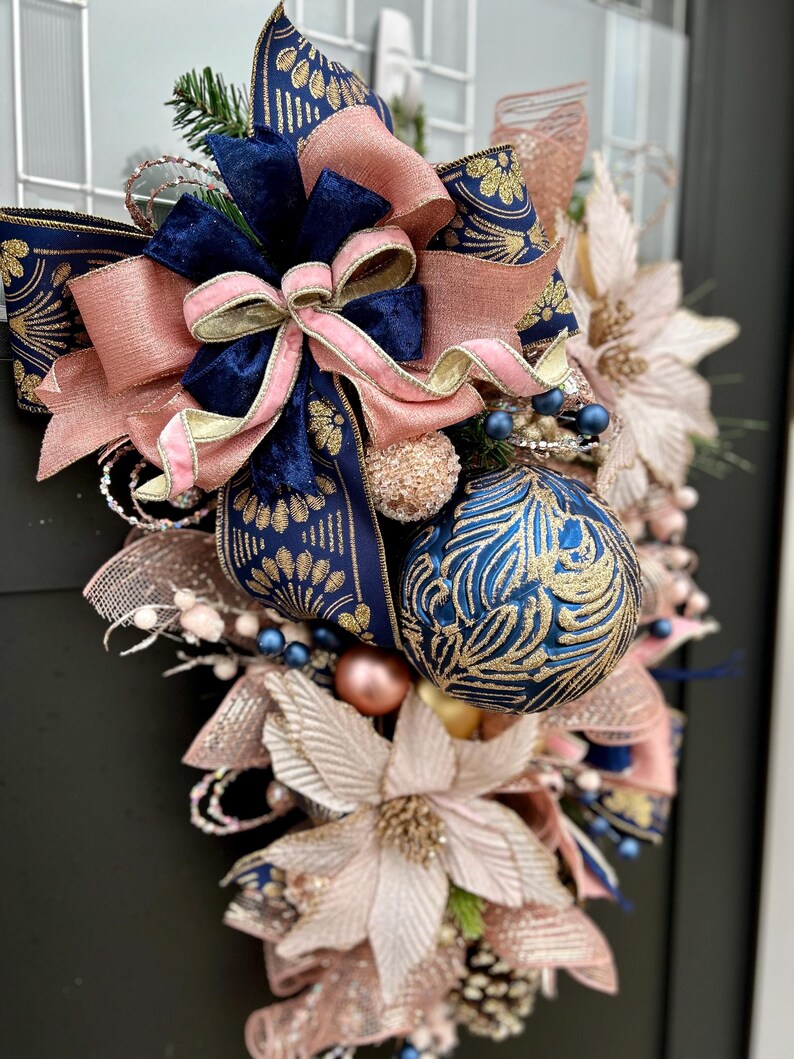 Pink, Navy, and Gold Glittering Christmas Swag, Christmas Swag, Merry ...