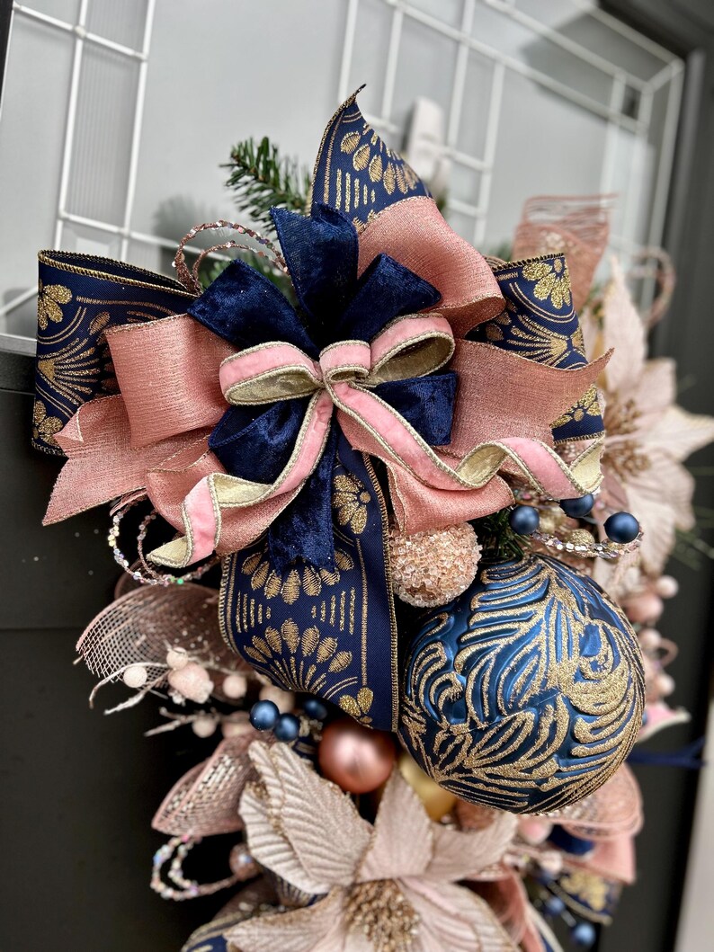 Pink, Navy, and Gold Glittering Christmas Swag, Christmas Swag, Merry ...