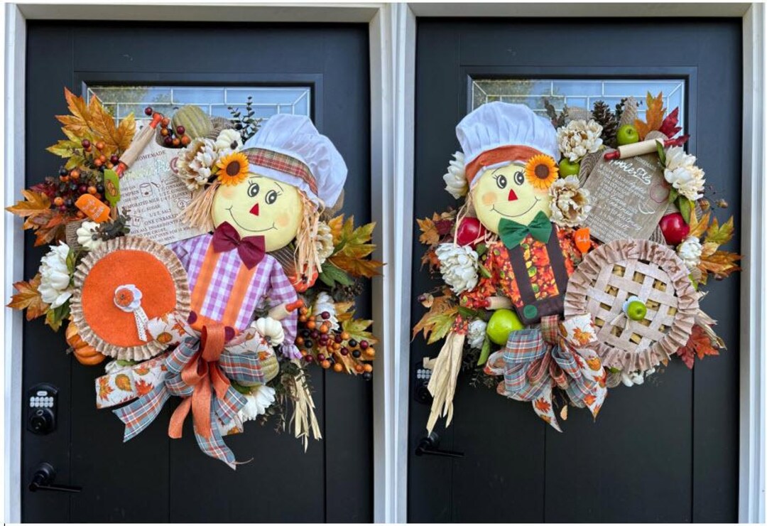 XL Scarecrow Chef Fall Wreaths: Apple & Pumpkin Pie Decor - Etsy