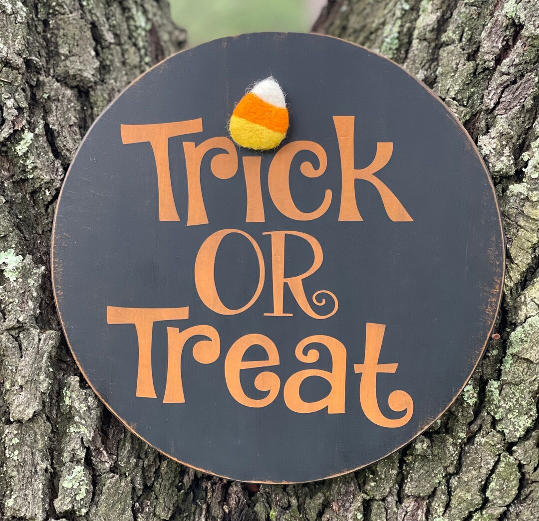 TRICK OR TREAT Round Sign, Halloween Sign, Halloween Decor, Candy Corn ...