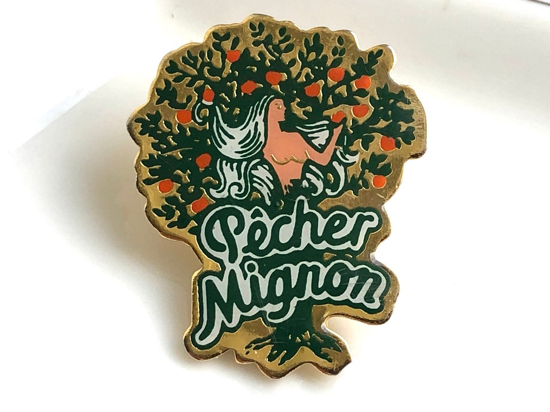 Vintage Pins Woman Picking Apples, Fruits in a Tree peach Cute Vintage ...