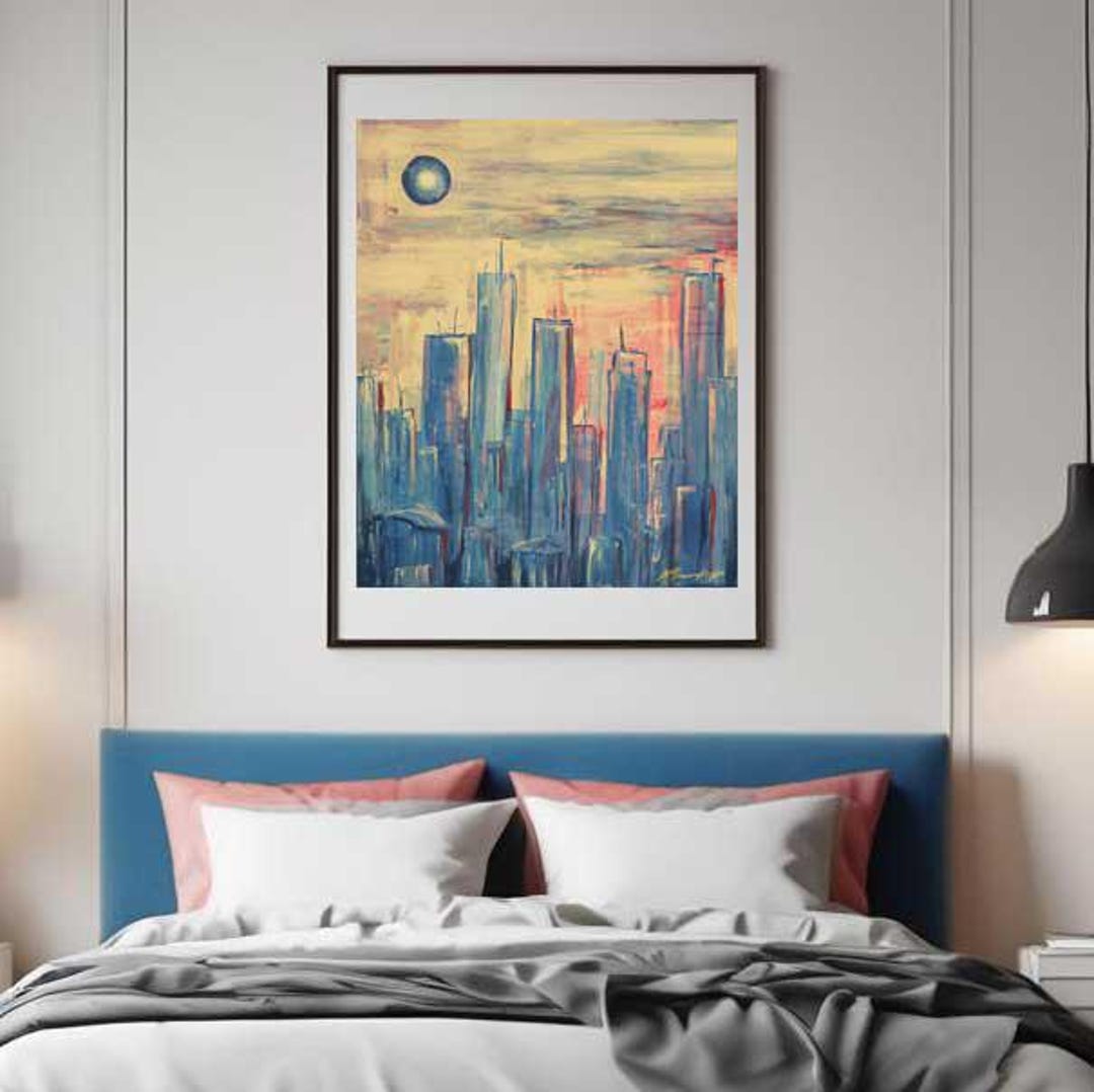 Blue City Buildings Large Wall Art Abstract Contemporary Artwork ...