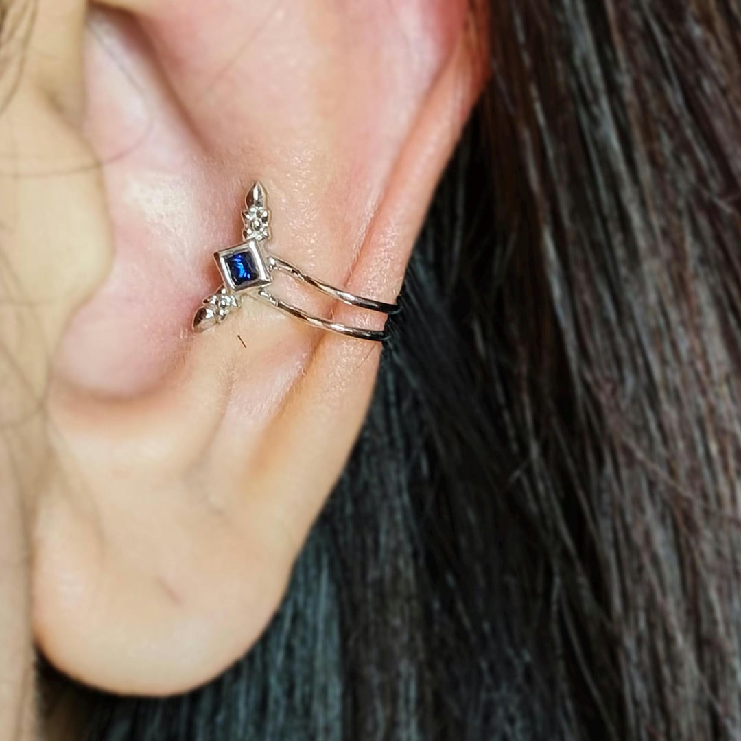 Blue Sapphire CZ Ear Cuff: White Gold Plated, Non Piercing Helix Jewel ...