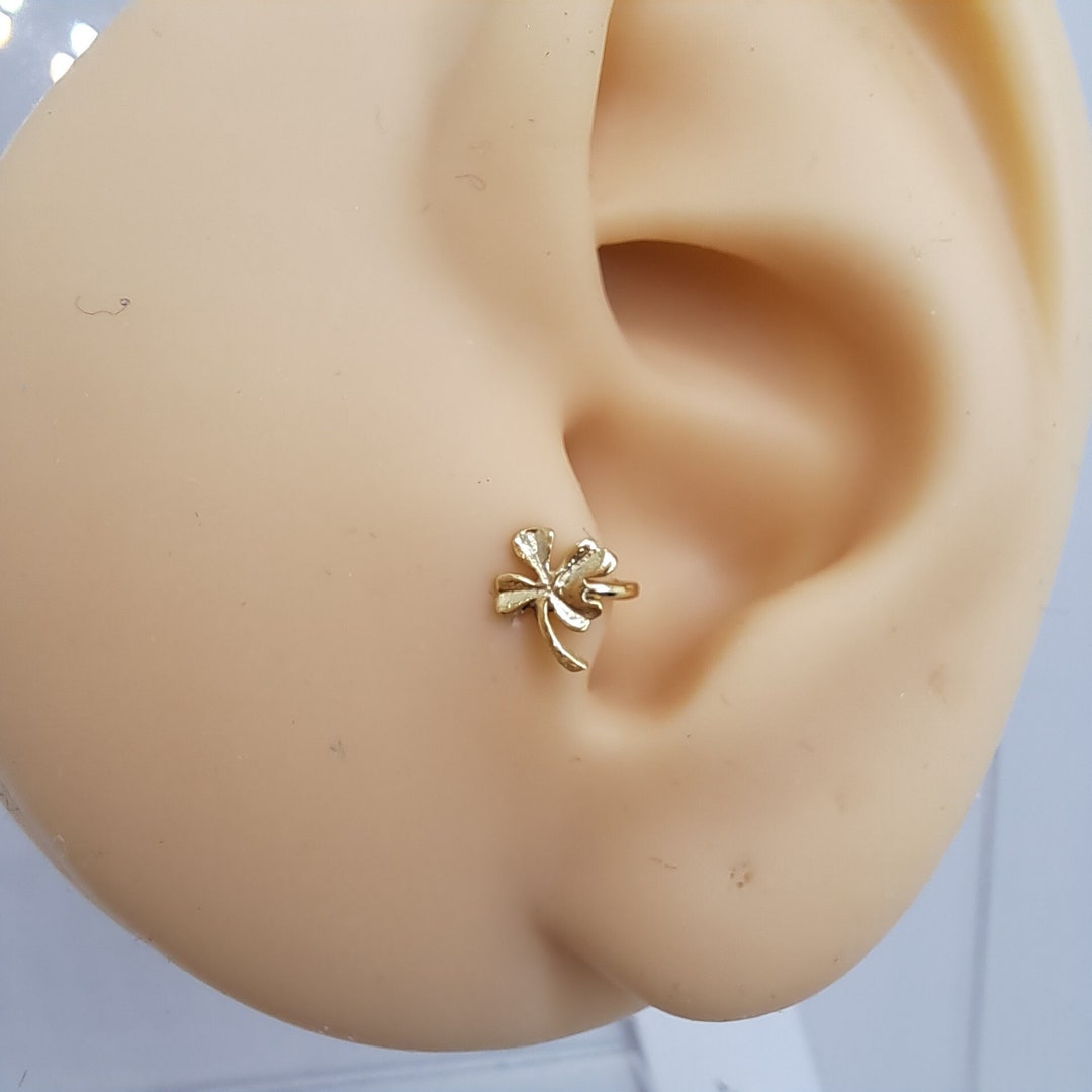 Four-leaf Clover Earring , Tragus Ear Cuff, Silver 14 K Gold Plated ...