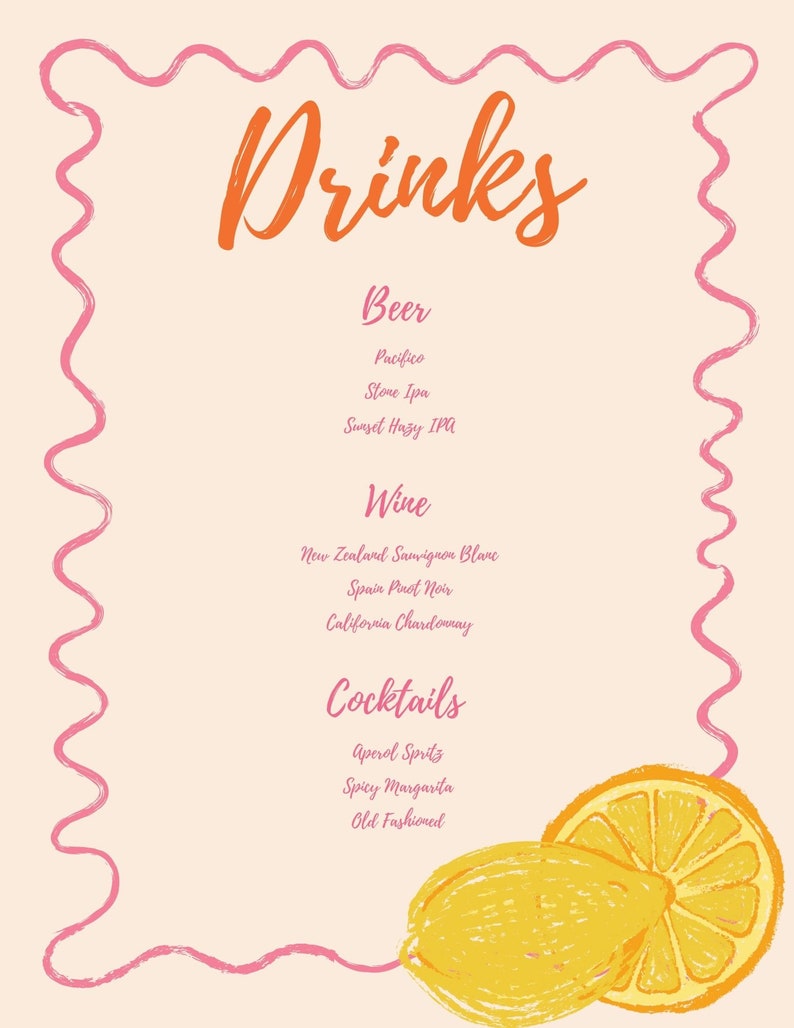 Italian Citrus Wedding Cocktail Menu Template | Printable Menu (digital ...