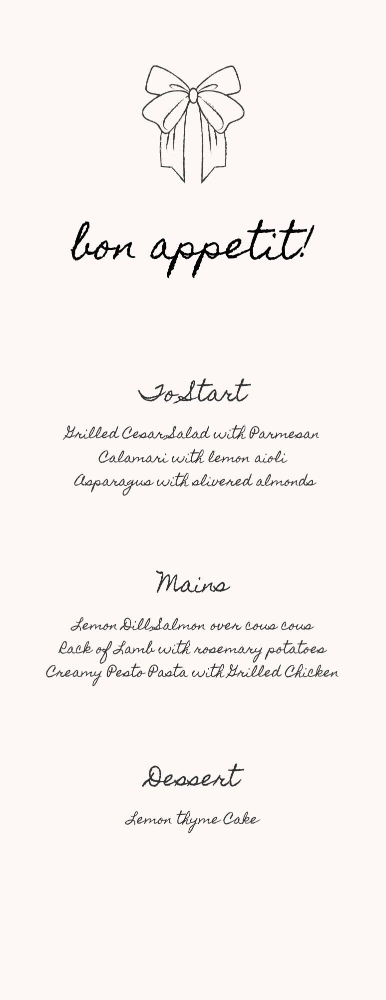 Emma Bow Dinner Menu - Digital Template | Menu Design | Printable Menu ...