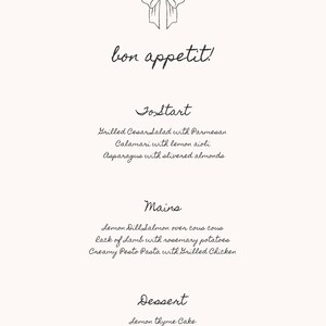 Emma Bow Dinner Menu - Digital Template | Menu Design | Printable Menu ...