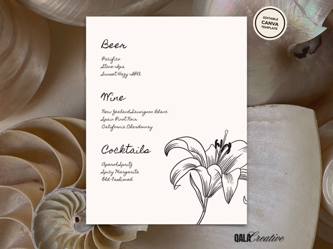 Calla Lily Wedding Bar Cocktail Menu Digital Template | Menu Design ...
