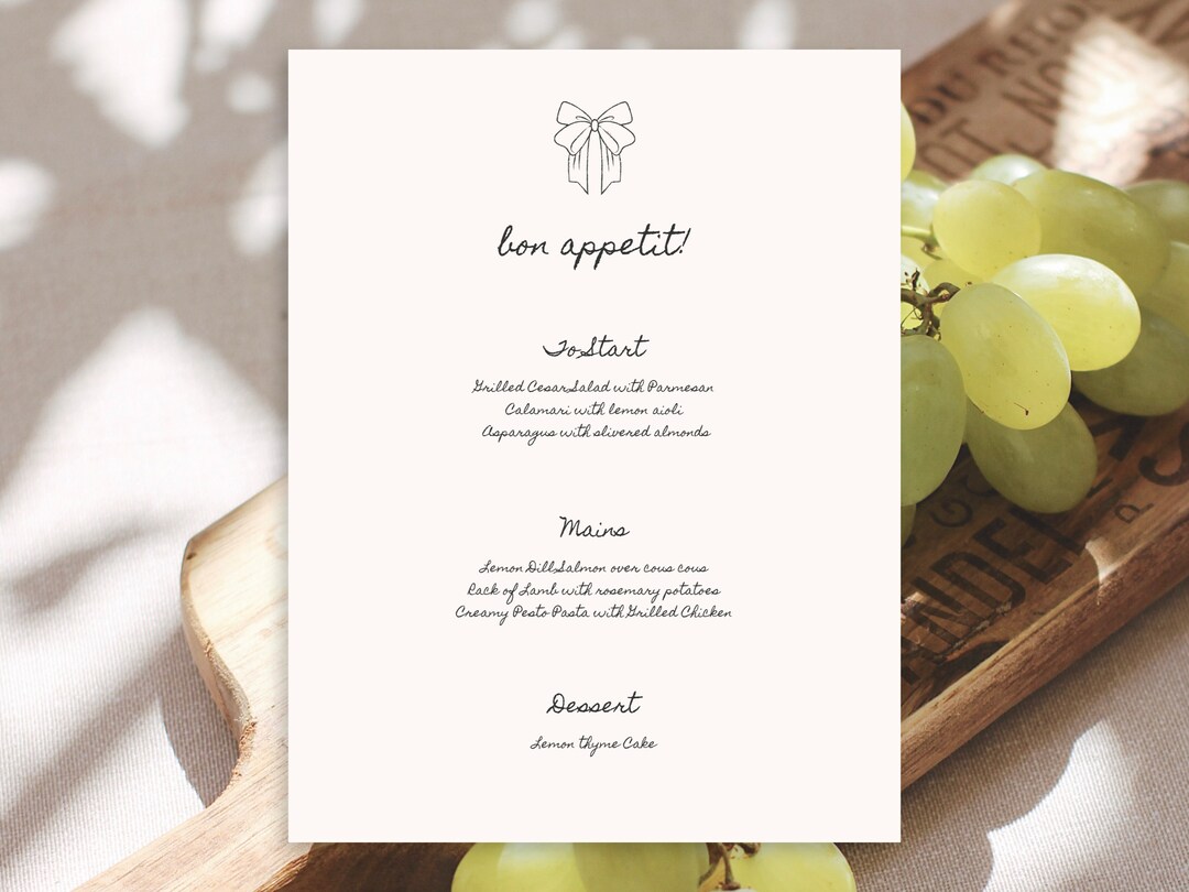 Emma Bow Dinner Menu - Digital Template | Menu Design | Printable Menu ...